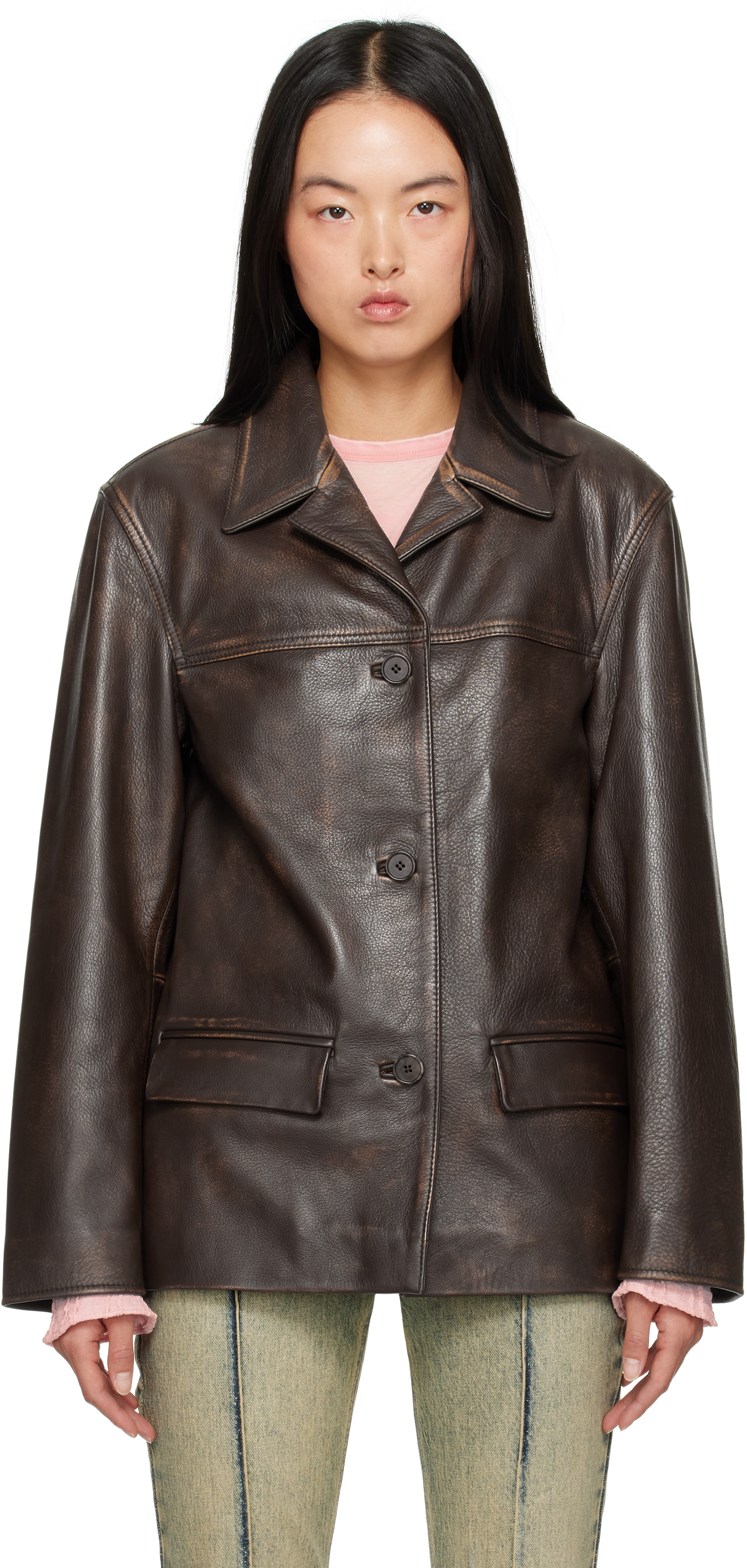 Guess Vintage Leather Jacket In F18p Chocolate Mouss - 55% Off